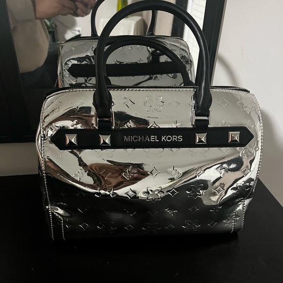 Michael Kors | Bags | Michael Kors Metallic Silver Satchel With Black ...